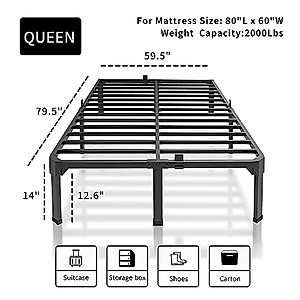 Superay 14 Inch Metal Bed Frame Queen Size with Mattress Slide Stopper - Double Black Basic Steel Slats Platform, Easy Assembly Heavy Duty Noise Free Bedframes, No Box Spring Needed