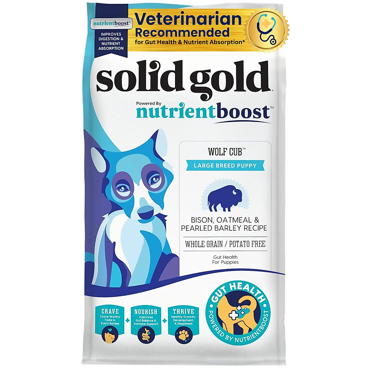 Solid Gold Large Breed Puppy Food w/Nutrientboost - Made with Real Bison, Oatmeal & Barley - Wolf Cub Whole Grain Puppy Food for Large Breed for Healthy Growth and Balanced Nutrition - 3.75 LB Bag