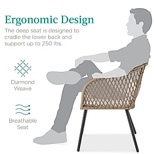 Best Choice Products 3-Piece Outdoor Wicker Bistro Set, Patio Dining Conversation Furniture for Backyard, Balcony, Porch w/Diamond Weave Design, Tempered Glass Side Table, 2 Chairs - Ivory