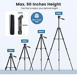 MoKo 60" Camera Tripod for Canon Nikon, Lightweight Aluminum DSLR Camera Stand Holder with Carrying Bag, Universal Phone Tablet Mount and Wireless Remote, Max Load 6.61 lbs, Black