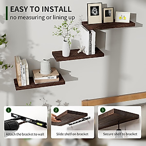 Marsmiles Wood Floating Shelves for Wall Set of 3, 17 Inch Wide Rustic Wooden Floating Shelves, Invisible Wall Mounted Display for Living Room Bedroom Kitchen Bathroom Office, Rustic Brown