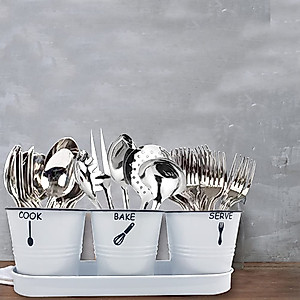 Hydrone Design Metal Utensil Holder Set with Tray, Kitchen Utensil Storage Caddy Flatware Organizer,White Farmhouse Countertop Decor