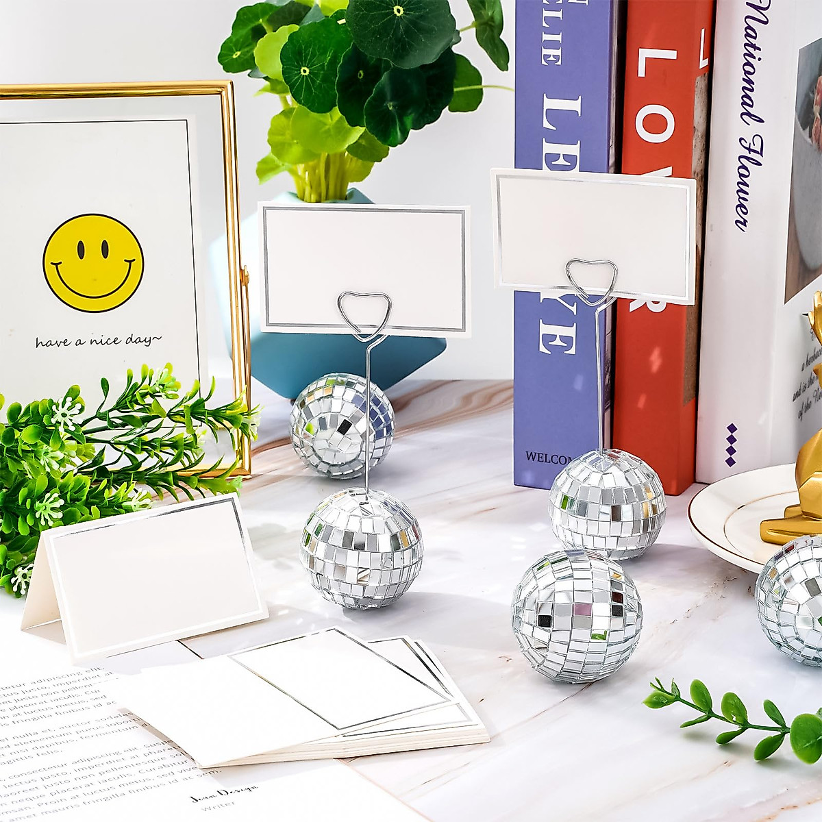 Whaline 60Pcs 2 Inch Disco Ball Table Number Holders Place Cards Set Silver Tented Cards Name Cards Stands with Heart Swirl Wire for Wedding Party Table Sign Display Supplies