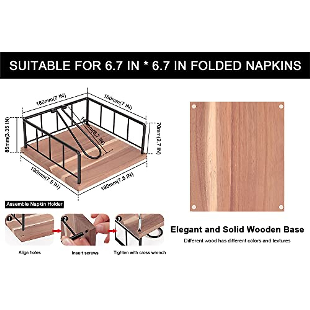 Livabber Flat Napkin Holder, Metal Kitchen Napkin Holder with Weighted Tension Arm Rustic Tissue Paper Dispenser for Countertop, Table Kitchen, Dining Room (With Wooden Base, Black)