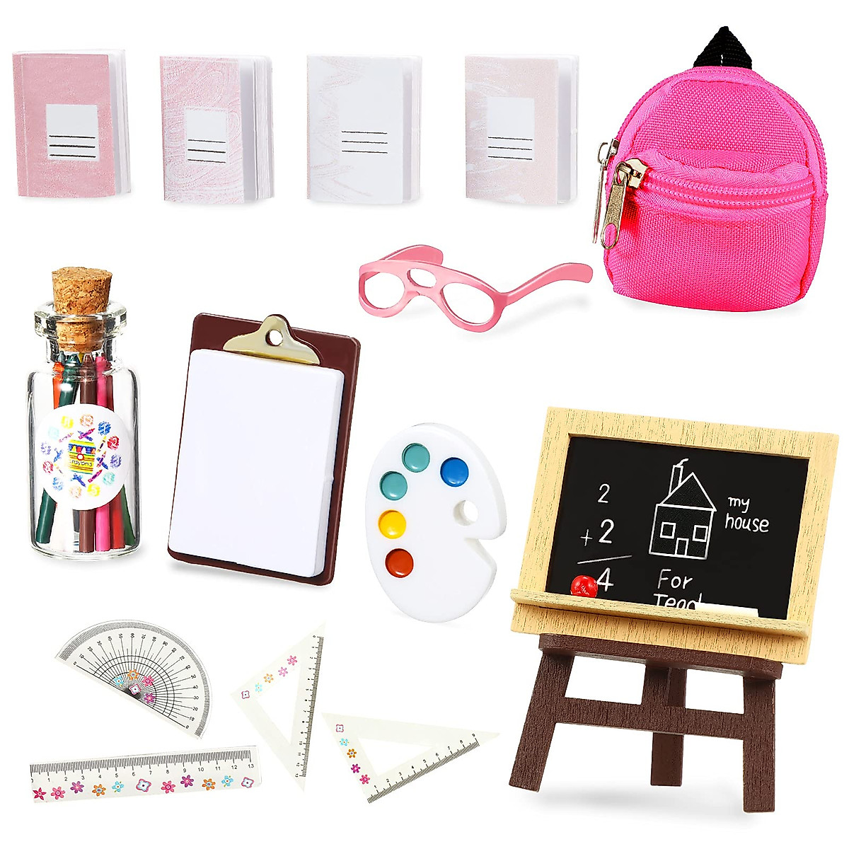 14 Pieces Mini Doll School Supplies for 11.5 inch Doll, Includes Mini Doll Backpack Glasses Blackboard Miniature Books Paper Clipboard Pencil Doll Rulers Doll Accessories(Cute Style)