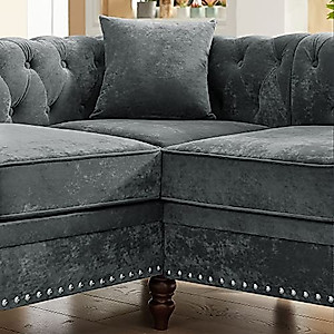 ERYE 80" L-Shaped Corner Symmetrical Sectional Sofa,Button Tufted Velvet Upholstered Modular Sofa & Couch,Classic Chesterfield Luxury Roller Armrest Couch,Nail Head Decor with 3 Pillows,Graphite Gray
