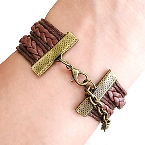 Handcrafted Harry Potter Bracelet,Bronze Owls Wings Golden Bead Charm Leather & Rope Wristband Bracelet