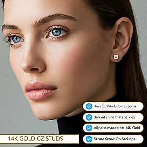14k Yellow Gold Solitaire Round Cubic Zirconia Stud Earrings in Secure Screw-backs (6mm)…
