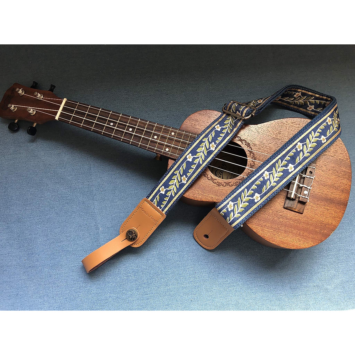 MUSIC FIRST Original Design Vintage Blue “Jasmine” Soft Meshbelt & Genuine Leather Ukulele Strap Ukulele Shoulder Strap With a Genuine Leather Strap Locker
