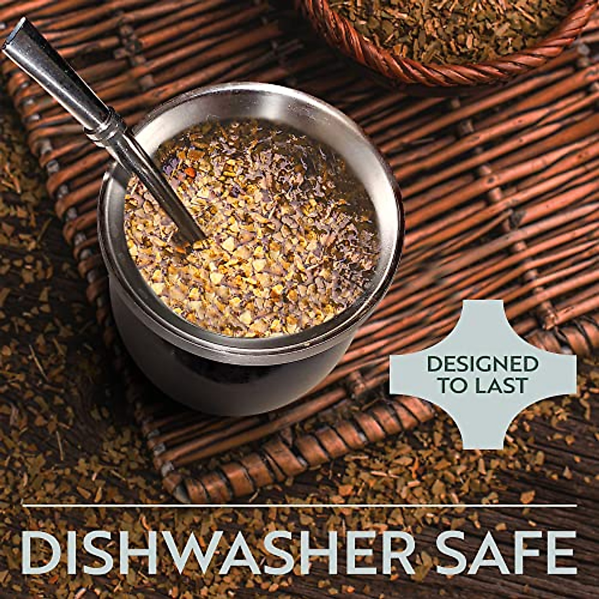 UPGRADED Yerba Mate Natural Gourd/Tea Cup Set (Original Traditional Mate Cup - 8 Ounces) | Includes 2 Bombillas (Yerba Mate Straws to Use) & Cleaning Brush | Stainless Steel | Double-Walled