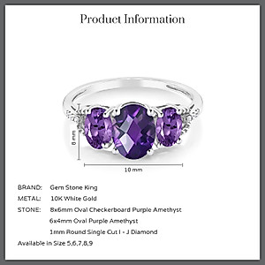 Gem Stone King 10K White Gold Oval Checkerboard Purple Amethyst and Diamond Accent 3-Stone Women Engagement Ring (1.75 Cttw, Gemstone Birthstone) (Size 7)