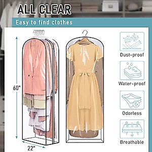 MISSLO 10" Gusseted All Clear Garment Bags for Hanging Clothes 60" Dress Bags for Gowns Long Fur Coat Closet Storage Covers, 3 Packs