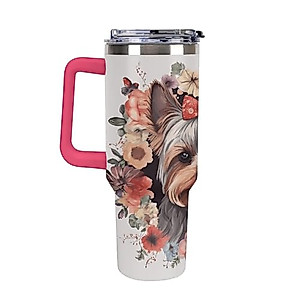WYUSPGK 40oz Stainless Steel Car Mug, Yorkie Floral Print Travel Mug, Double-Wall Insulated with Straw, Perfect for Car, Office, Outdoor
