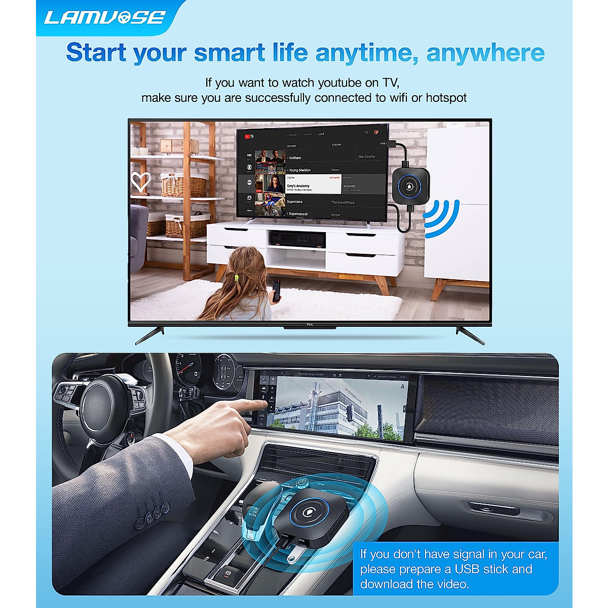 CarPlay Wireless Adapter, CarPlay Box Supports NetfIix/YouTube/Tiktok/Disney+/Hulu, Apple CarPlay/Android Auto Wireless Adapter 2024 Newest, Ai Box for Factory Wired CarPlay Cars from 2015