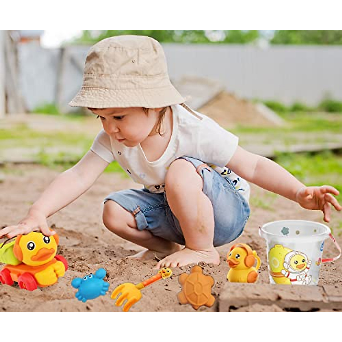 21 PCS Beach Toys with Storage Bag for Toddlers, Kids Cute Duck Theme Sand Toy Set Includes Beach Bucket, Truck, Shovel, Animal Sand Molds and Watering CanOutdoor Toys for Toddlers Kids Age 3 4 5 6+