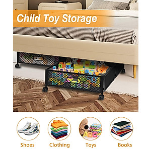 punemi Under Bed Storage with Wheels, 2 Pcs Underbed Storage Containers Rolling Drawers with Handle, 23.6 x 15.7 x 6.2in Tall Metal Under Bed Shoe Organizers for Clothes, Tool-free Assembly Black
