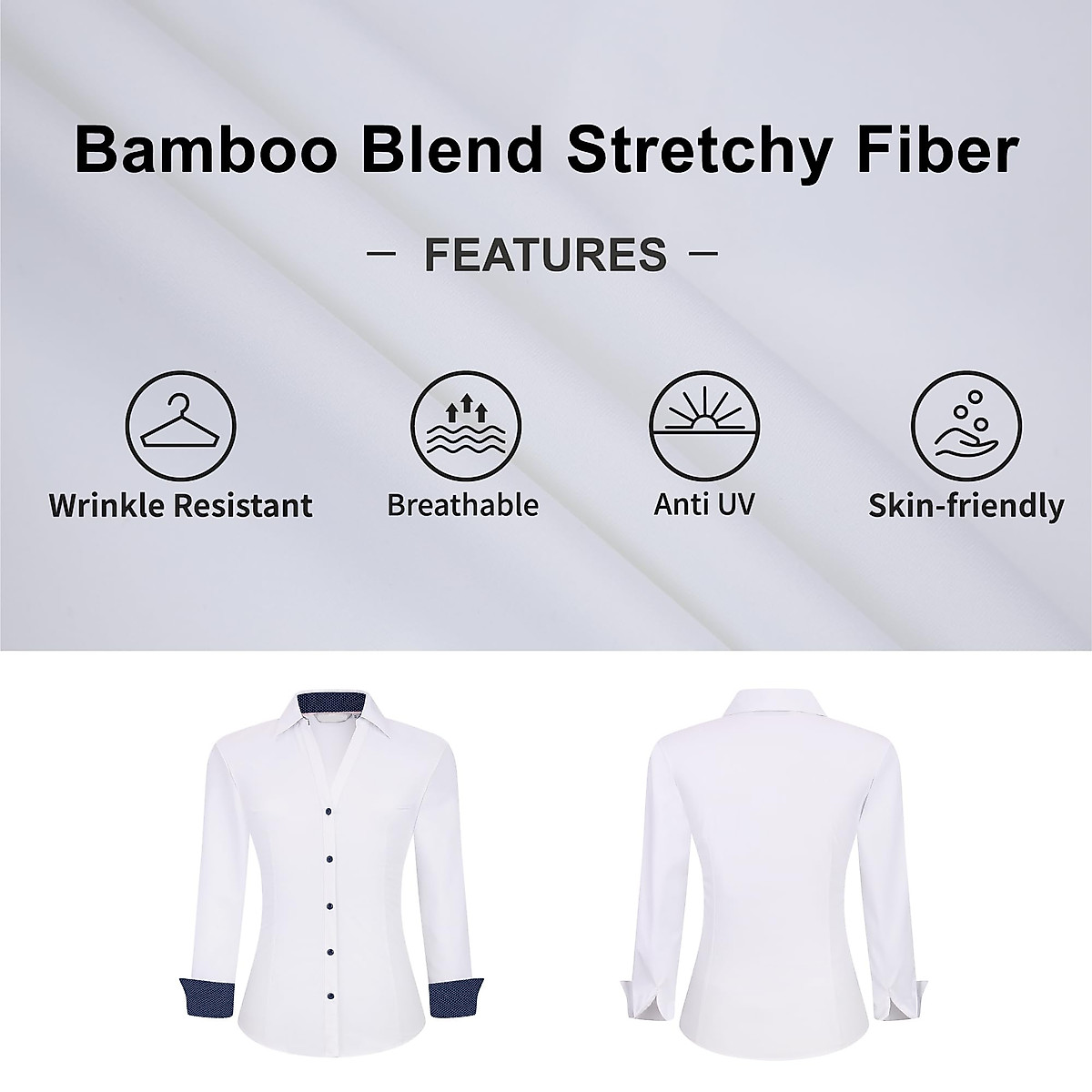 WARHORSEE Womens Button Down Shirt Long Sleeve Work Dress Shirts, V Neck Easy Care Stretchy Business Casual Blouses for Women(Navy,XXL)