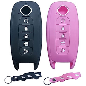 RUNZUIE 2Pcs Silicone Remote Smart Key Fob Compatible with 2024 2023 Nissan Rogue Pathfinder Key Fob Cover 5 Button (Black/Pink)
