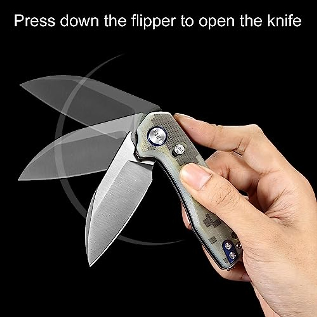 WIN+ Pocket Knife, Folding Knife with Button Lock, EDC Knife with Axis Lock and Ball Bearing, D2 Tactical Knife with G10 Handle, Survival Knives for Camping W3435 (B-Camo-G10)