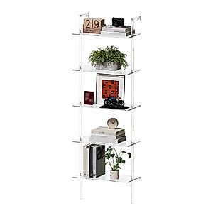 CRTERICX Acrylic Ladder Bookshelf, 5-Tier Clear Wall Mounted Bookshelf with Open Shelves, Multipurpose Bookcase for Living Room, Bathroom, Office, Modern, 11.6" D x 23.4" W x 72.6" H