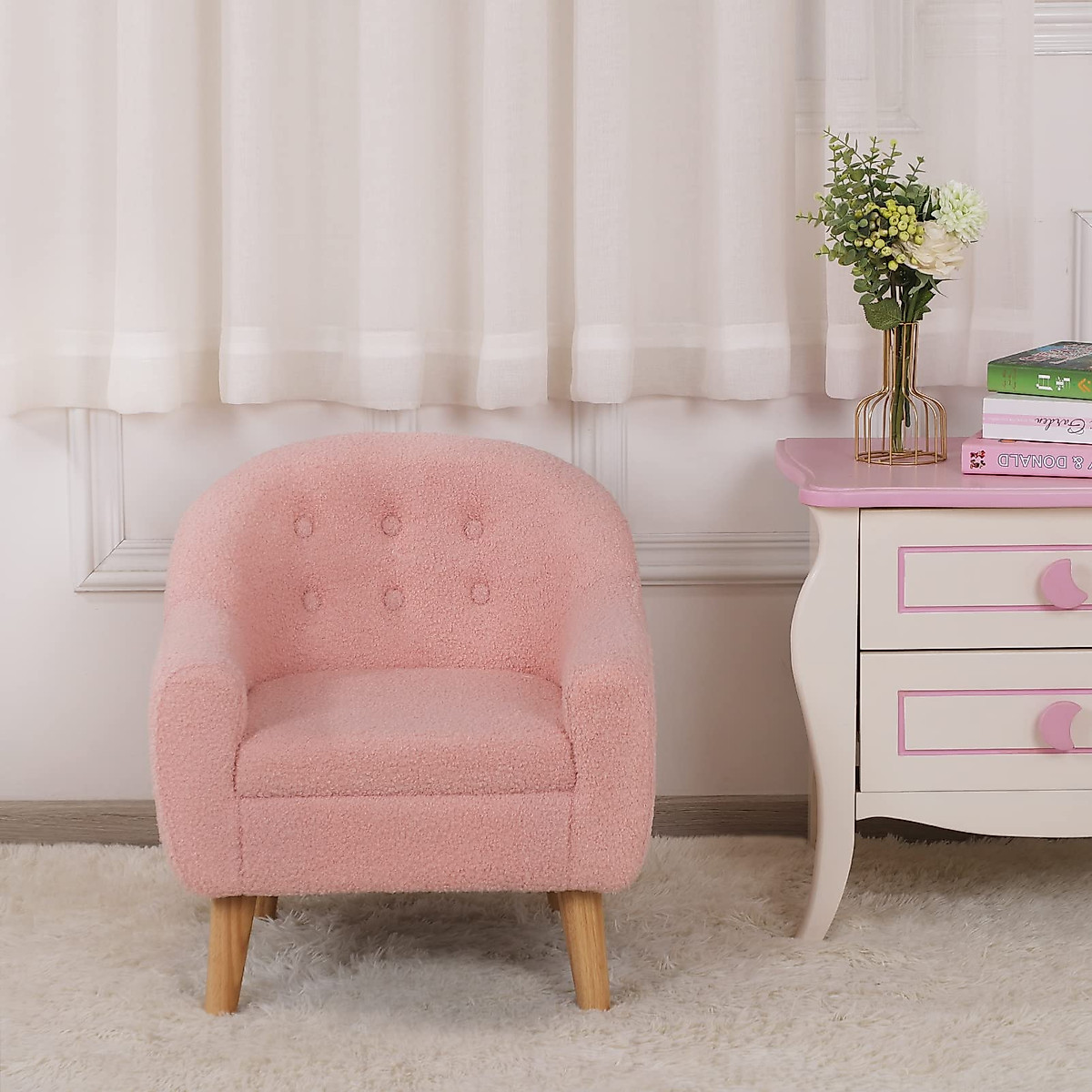 Small Toddler Sofa Chair/Kids Sofa Chair/Velvet Upholstered Kids Sofa Couch/Big Kids Couch with Wooden Legs for Children Gift (Pink)