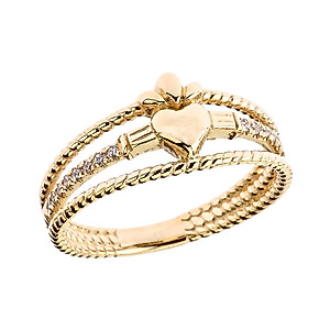 Modern 14k Yellow Gold Diamond 3-Row Claddagh Rope Engagement/Proposal Ring (Size 7)