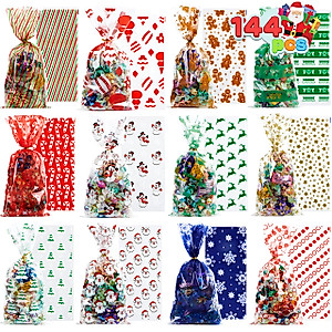 JOYIN 144 PCS Christmas Cellophane Bags with Ribbon Candy Cookie Bags for Holiday Treats, Christmas Party Favors Supplies, Christmas Clear Cello Gift Bags, Xmas Goodie Bags