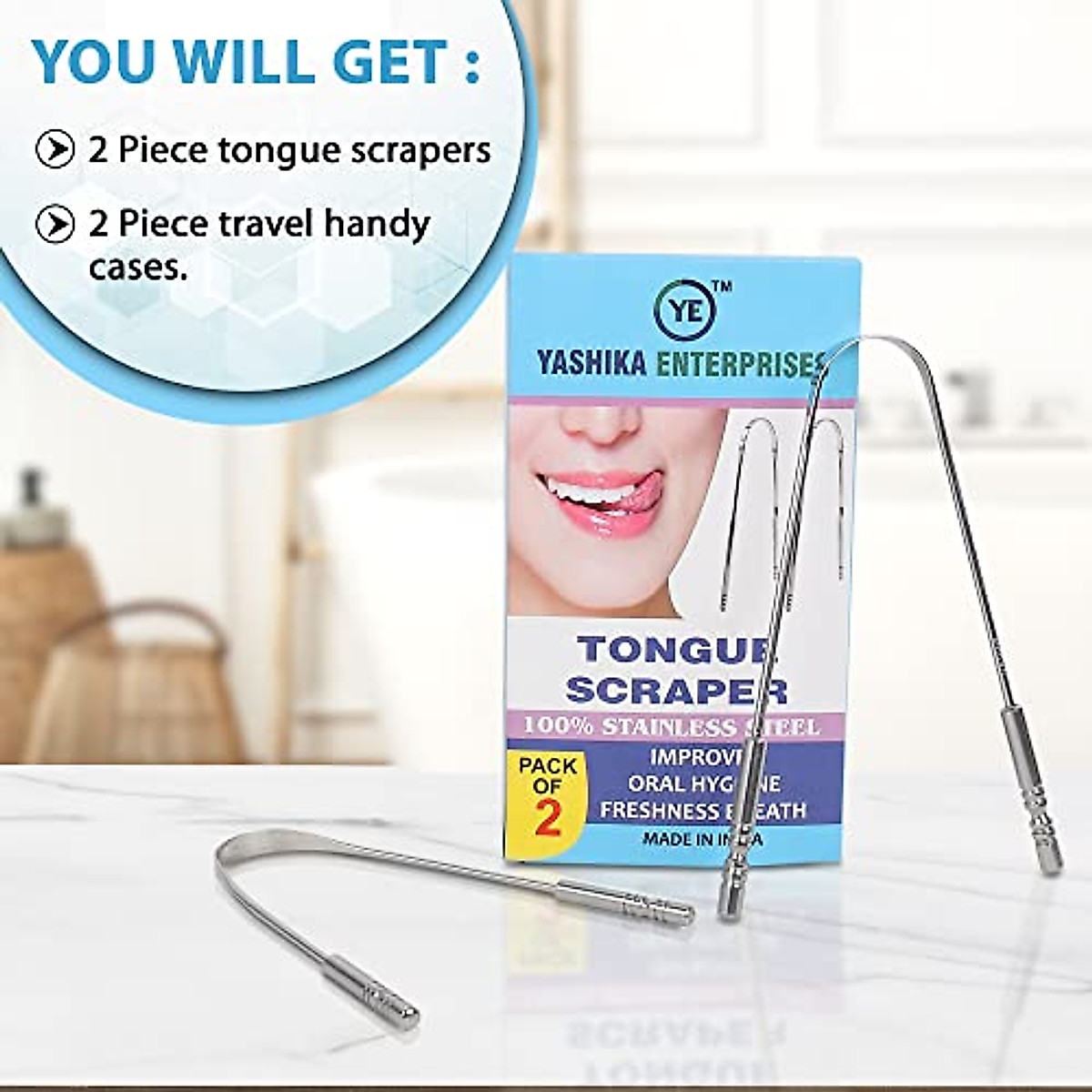 Yashika Enterprises Tongue Scraper with 2 Travel Cases, Reduce Bad Breath, 100% Stainless Steel Tongue Cleaners, Tongue Scrapers Fresher Breath in Seconds Pack of 2