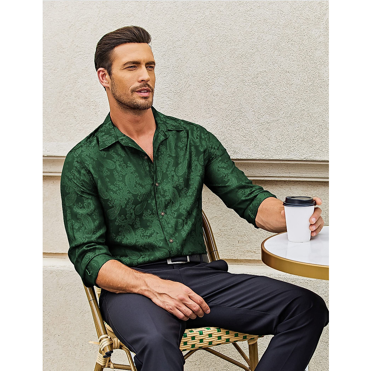 COOFANDY Mens Green Button Down Shirt Floral Jacquard Dress Shirts Long Sleeve Button Up Shirt Wedding Dress Shirts