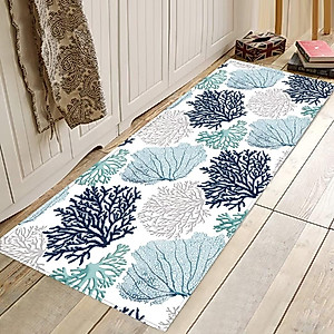 Coastal Runner Rug for Hallway 2x6 Beach Ocean Themed Throw Rug Teal Blue Area Rug Nautical Hallway Rugs Non-Slip Floor Carpet for Bedroom Laundry Room Doormat Entrance Door Mat Washable Kitchen Rugs