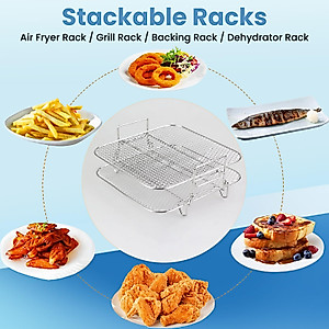 8 inch Square Air Fryer Rack, Lancisism 2 Layers Stainless Steel Dehydrator Rack Grill Square Air Fryer Accessories-8.27×8.27×3.6inch