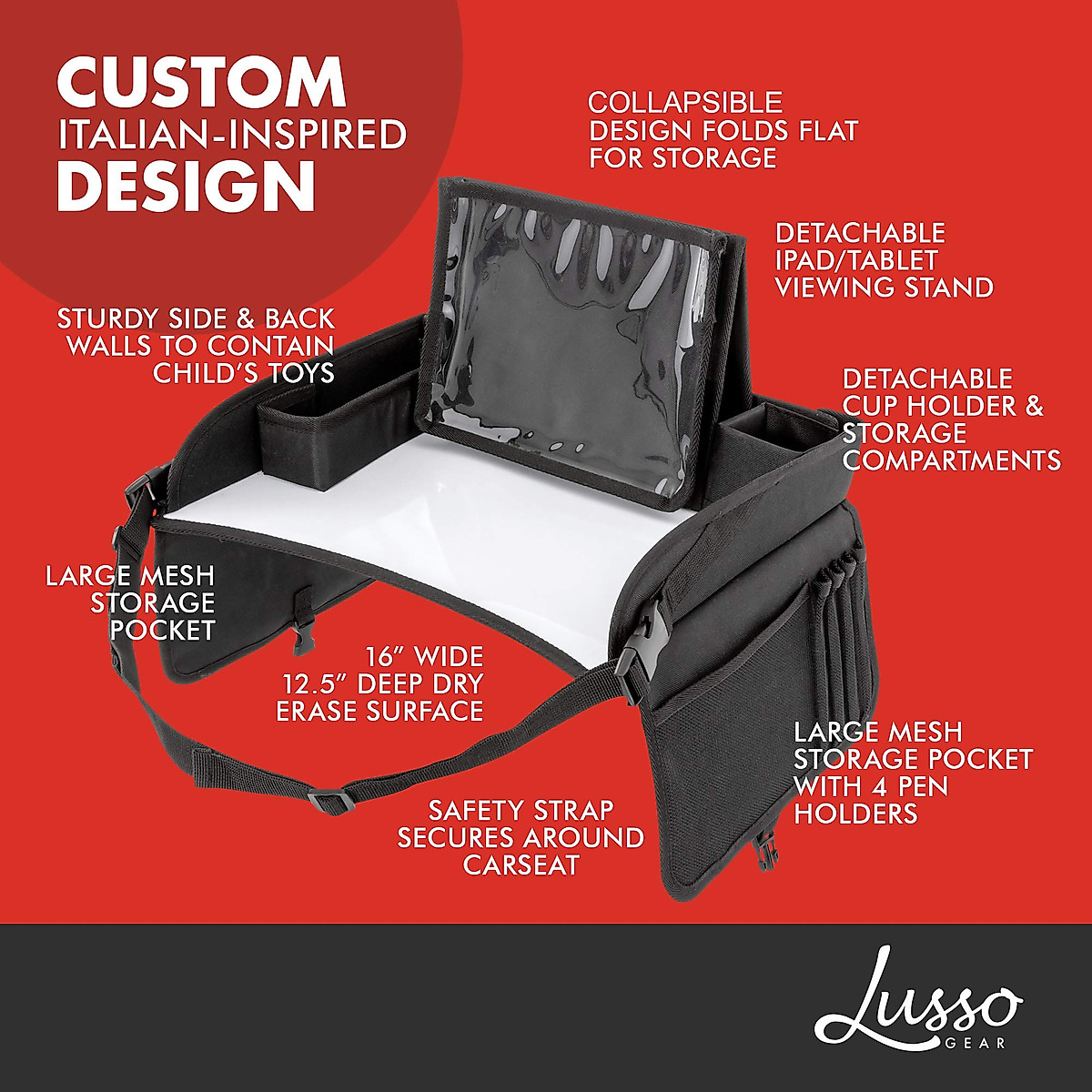 Lusso Gear Kids Travel Tray (Blue) + Heavy Duty Car Seat Organizer (Black), Extra Large for Protection, Sag Proof &amp; Reinforced Corners, Protects iPad &amp; Backseat, 12 Versatile Car Seat Organizer Storag
