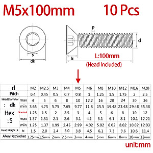 M5-0.8 x 100mm Flat Head Socket Cap Screws Bolts, Stainless Steel 18-8 (304), Bright Finish, Allen Socket Drive,Machine Screws Inner Hex Screw Fasteners Bolts 10 Pcs