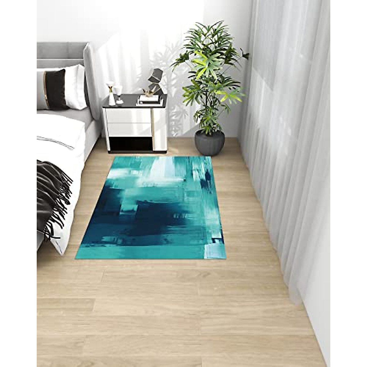 Anzona Painting Teal Indoor Area Rug 3 Ft x 5 Ft, Green Modern Abstract Art Non-Slip Runner Rug for Kids Room, Ombre Oil Print Texture Living Room Bedroom Bathroom Decor Floor Carpets