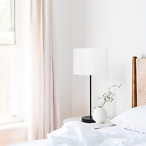 Simple Designs LT2040-BAW 23" Tall Contemporary Standard Metal Stick Lamp with Round Base and Drum Fabric Shade for Home Décor, Bedroom, Office, Dorm, Living Room, Entryway, Foyer, Black & White