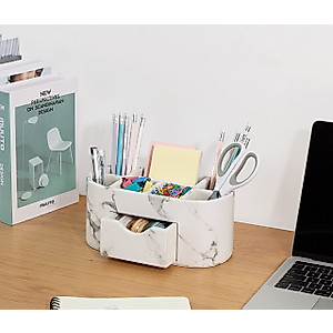 Marble Desk Organizer For Office Supplies Desk Accessories - Pencil Pen Holder Decor - Home School College Organization Desktop Caddy - Faux Leather