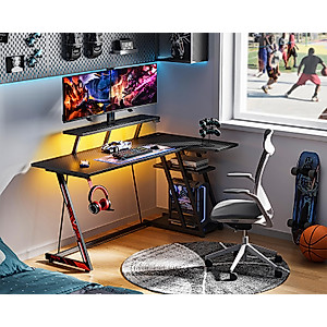 MOTPK White Gaming Desk L Shaped with LED Lights, Corner Gaming Computer Desk 55inch with Power Outlets, Gaming Table with PC Storage Shelf, Gamer Desk with Monitor Shelf