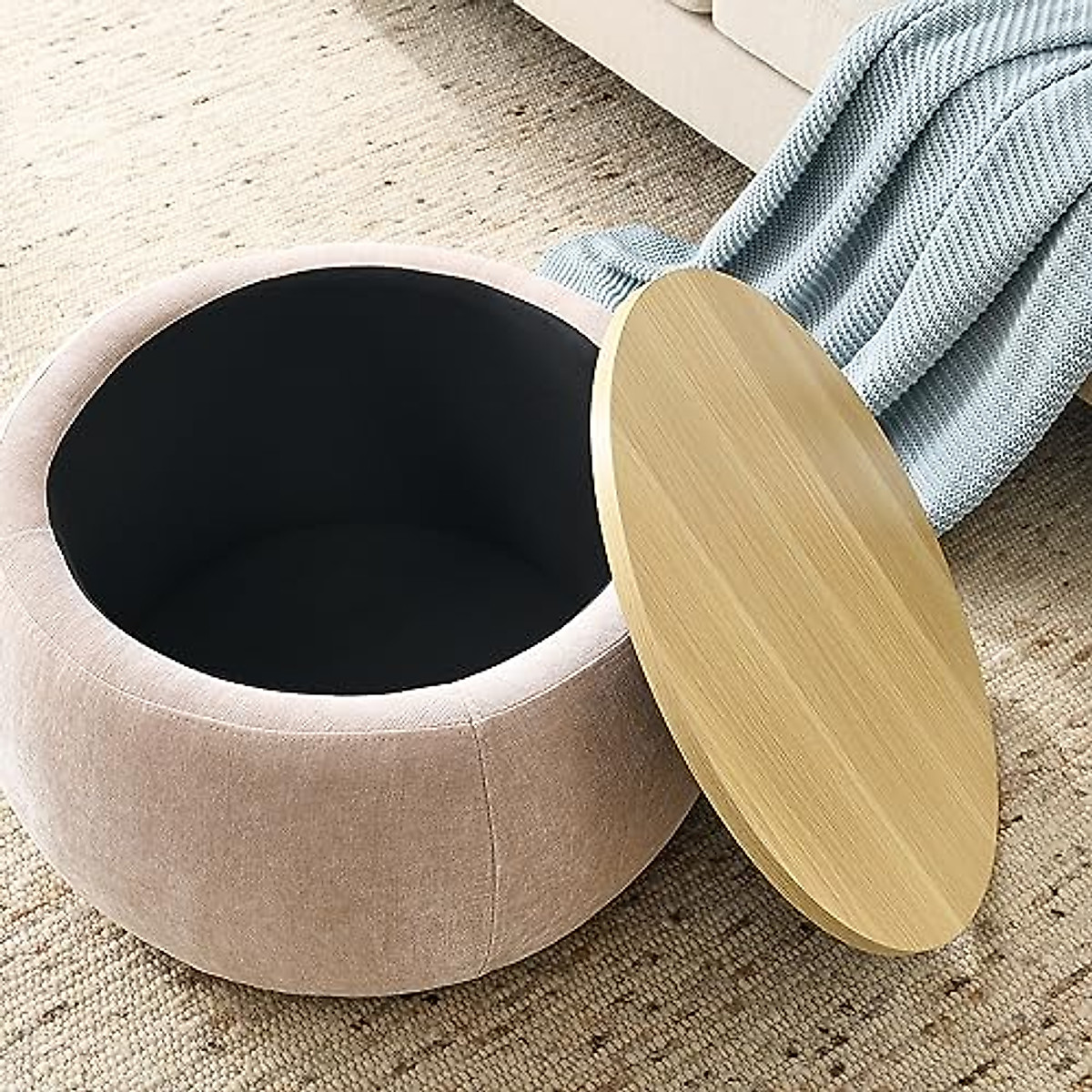 Kakotito Modern Round Storage Ottoman with Wooden Lid,Circle Ottoman Handmade Ottoman Coffee Table,End Table & Footstool for Living Room (Pink)
