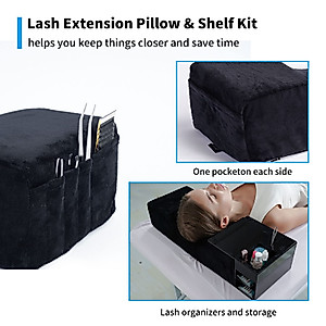 Eyelash Extension Neck Pillow With Acrylic Shelf Organizer Stand, Velvet Warm Lash Extension Grafting Pillow Makeup Tool Display Cabinet Shelves - Black Shelf + Black Pillow(Velvet Pillowcase Updated)