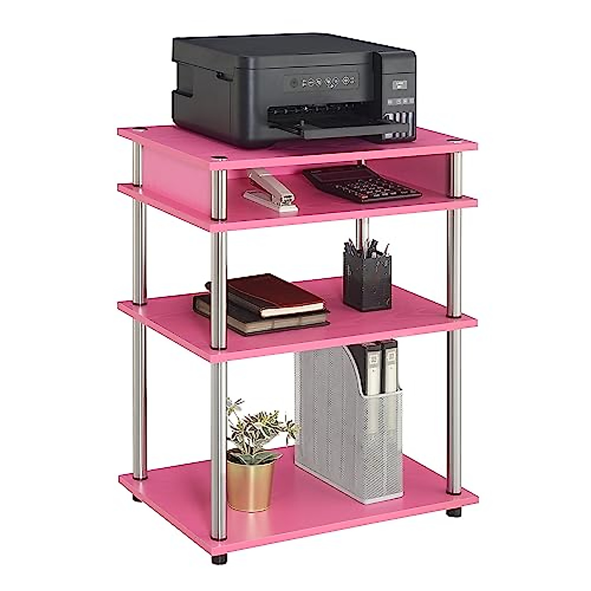 Convenience Concepts Designs2Go Tools Shelves 23.75"-Contemporary Modern Storage Printer Stand for Office Organization, Pink/Chrome