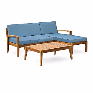 Christopher Knight Home Grenada Sectional Sofa Set | 5-Piece 3-Seater | Includes Coffee Table and Ottoman | Acacia Wood Frame | Water-Resistant Cushions | Teak and Blue, Finish