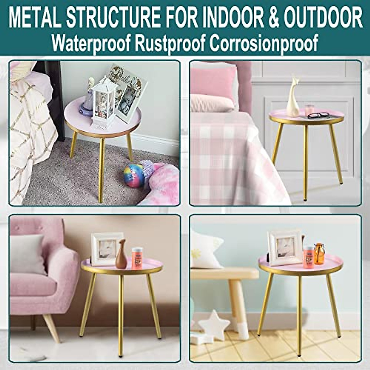 H HUIYKALY Kids Nightstand,Small Nightstand Bed Side Table for Kids Room,Small Table Round Nightstand for Bedroom,Pink/Gold