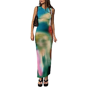 Argeousgor Women Y2k Tie Dye Tank Dress Sleeveless Bodycon Long Dresses Printed Slim Fit Short Dress Trendy Summer Sundress