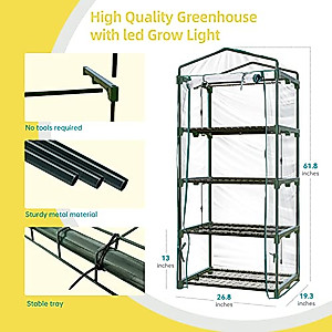 Mini Greenhouse with Grow Light , 4 Tier 27.2"L×19.9"W×61.8"H Portable Greenhouse with Zippered PVC Cover for Seed Starting Trays , Dimmable 2ft 60W Plant Light for Indoor Plant with Timer by Bstrip