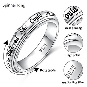 She Believed She Could So She Did Spinner Ring for Women Fidget Rings for Anxiety Stress Relieving ADHD Autism Rings 925 Sterling Silver Inspirational Band Ring Size 9