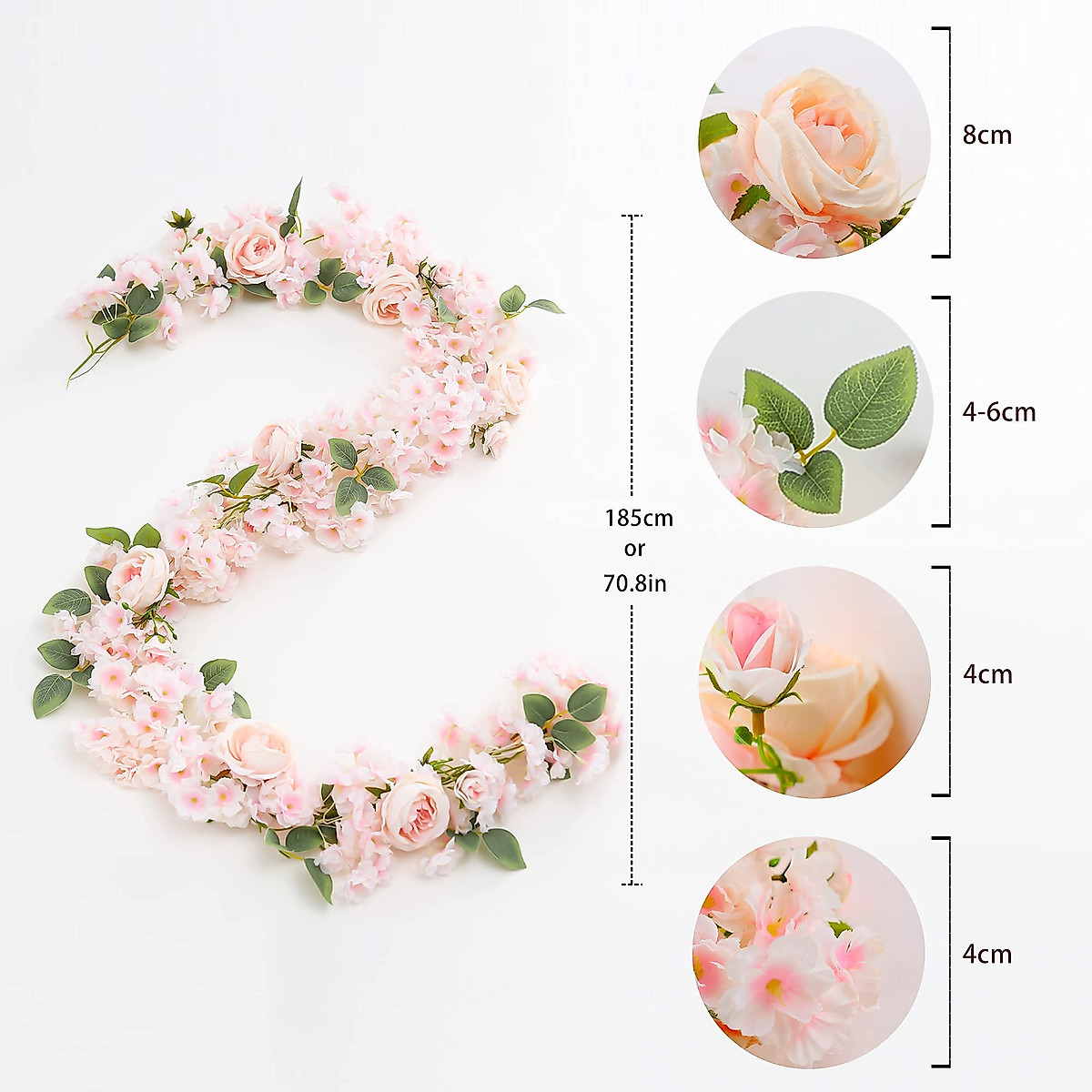 Anna's Whimsy 6.07FT Rose & Cherry Blossom Garland, Silk Artificial Flower, Flower Hanging Vines for Wedding Arch Party Table Home Garden Outdoor Kawaii Decor