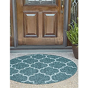 Unique Loom Outdoor Trellis Collection Area Rug - Trellis (Round 10' 8" x 10' 8", Teal/ Gray)