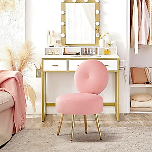 Furniliving Velvet Vanity Stool Vanity Chair with Back Makeup Chair for Vanity with Metal Legs, Mid Century Living Room Chair, Modern Chair for Dressing Room, Bedroom(Pink)