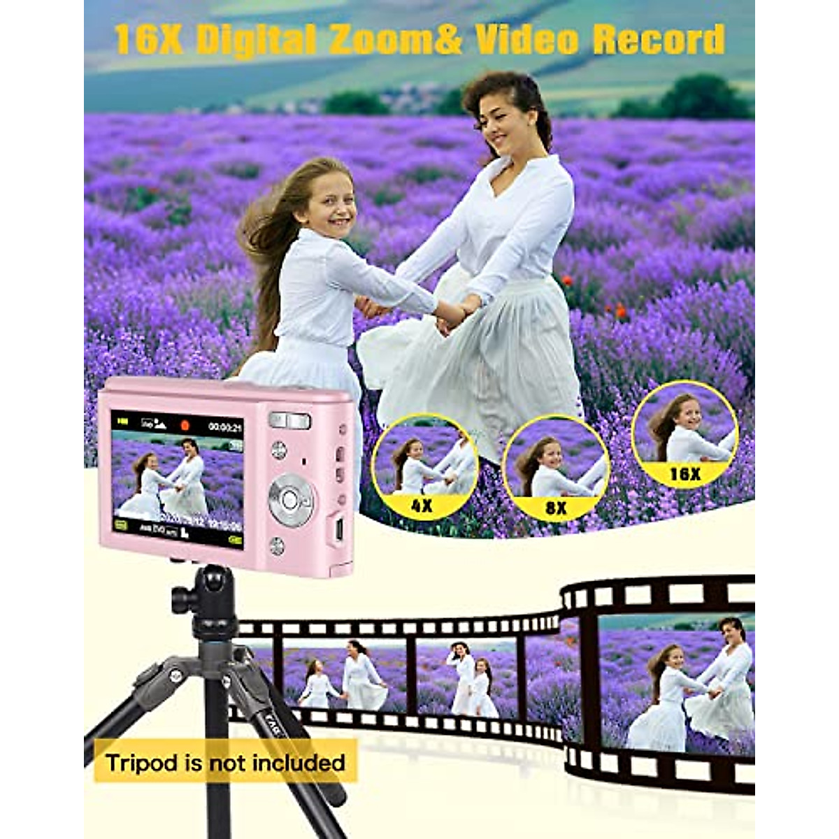 Digital Camera with 32GB SD Card, Lecran Kids Camera FHD 1080P 36.0 Mega Pixels Vlogging Camera with 16X Digital Zoom, LCD Screen, Compact Portable Mini Cameras for Kids, Teens, Students (Pink)