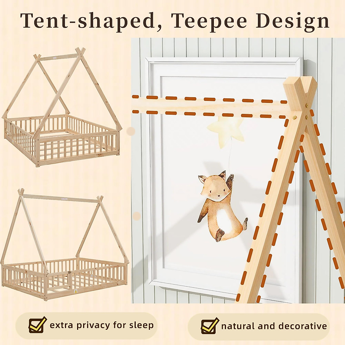 Mirightone Tent Floor Bed for Kids Full Size Montessori Floor Bed with Slats and Guardrails Wood Teepee Bed Frame with Fence and Door for Boys Girls, Natural